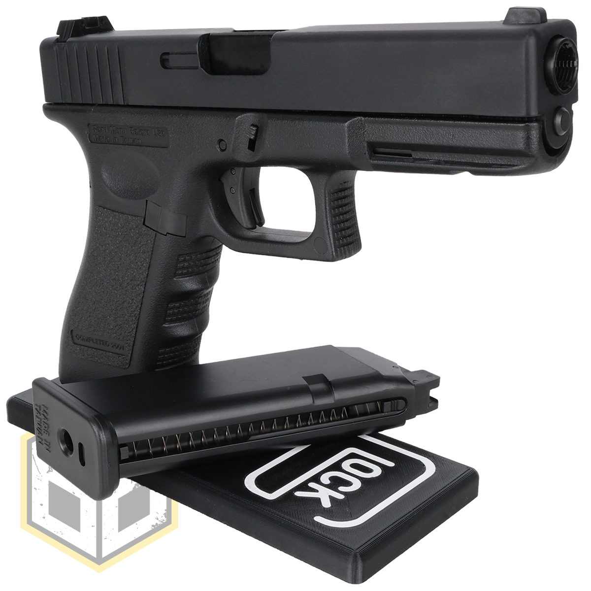 Glock Pistol Stand Black with White Logo - Just Air Guns